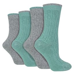 4er Pack Damen Kabelstrick Socken | Wildfeet | Lurex Glitzer Socken f&uuml;r Frauen - Grau/Gr&uuml;n