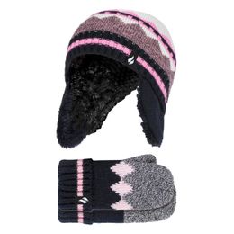 Heat Holders W&auml;rmehalter - Girls Nordic Pattern Fairisle Design Trapperm&uuml;tze mit Pom Pom und F&auml;ustlinge Handschuhe Set - Schwarz