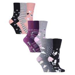 9 Paar Multipack Ladies Cotton Crew Non Elastic Socks | Gentle Grip | Womens Soft Top Striped Patterned Non Binding Socks - Cats & Dogs