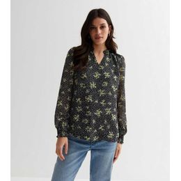 Dobby Floral Geraffter Ausschnitt Langarm Bluse