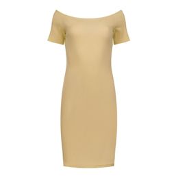 Elegantes beige schulterfreies, geripptes Midi-Kleid