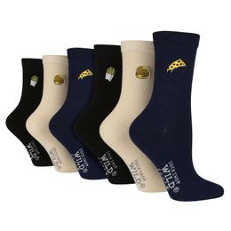6 Pack Damen Schwarz Neuheit Socken | Wildfeet | Cute bestickte Socken in Baumwolle - Fast Food