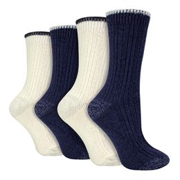 4er Pack Damen Kabelstrick Socken | Wildfeet | Lurex Glitzer Socken f&uuml;r Frauen - Blau/Creme
