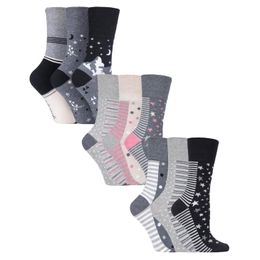 9 Paar Multipack Ladies Cotton Crew Non Elastic Socks | Gentle Grip | Womens Soft Top Striped Patterned Non Binding Socks - Grey Mix