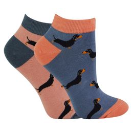 2 Paar Multipack Damen Bambus Trainer Socken | Miss Sparrow | Atmungsaktive Neuheit Tiermuster Socken - Wurst Hund