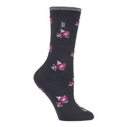 Heat Holders Damen Ultra Lite Thermo-Socken mit geb&uuml;rstetem Innengarn, Anthrazit, Blumenmuster (Bellis)