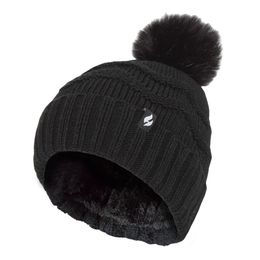 Heat Holders Damen Winter Pelz Beanie M&uuml;tze | W&auml;rmehalter | Zickzack gemusterte Pom Pom Hut | Womens Thermal Cuff Bobble Hat - Schwarz
