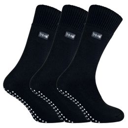 THMO - 3 Paar Herren Fleece-gef&uuml;tterte Hausschuhsocken mit Greifern - Schwarz