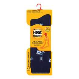 Heat Holders Damen Ultra Lite Thermo-Socken mit geb&uuml;rstetem Innengarn, Marineblau mit Blumenmuster (Bellis)
