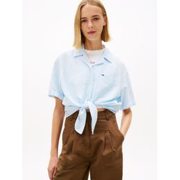 Kurzarmbluse Tommy Jeans "TJW TIE FRONT LINEN SHIRT", Damen, Gr. L (40), light powdery blau, stripe, Web, Obermaterial: 55% Leinen, 27% Baumwolle, 18% Viskose, gestreift, l&auml;ssig geschnitten taillenbedeckt, V-Ausschnitt, abgesteppte Kante, Blusen, mit Knoten-Detail am Saum, Relaxed Fit