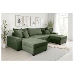 Wohnlandschaft OTTO HOME "Alexa U-Form, B: 313 cm", gr&uuml;n, B:313cm H:42cm T:161cm, 100%Polyester, Sofas, Wohnlandschaft, Bettfunktion, Bettkasten & 4 Zierkissen, Federkern