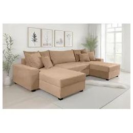 Wohnlandschaft OTTO HOME "Alexa U-Form, B: 313 cm", beigebraun, B:313cm H:42cm T:161cm, 100%Polyester, Sofas, Wohnlandschaft, Bettfunktion, Bettkasten & 4 Zierkissen, Federkern