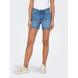 Jeansshorts Only "ONLGIANNA MW BELTED SHORTS AZG DNM NOOS", Damen, Gr. L, N-Gr, medium blau denim, Denim/Jeans, Obermaterial: 99% Baumwolle, 1% Elasthan, unifarben, regular fit kurz, Jeans Jeansshorts, Baumwollmischung, regular fit, Regular Waist
