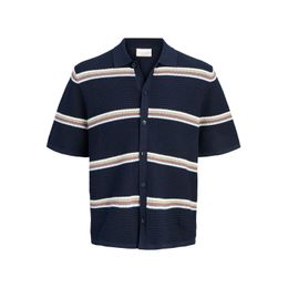 Jack & Jones Kurzarmhemd JACK & JONES "JORMAINE KNIT SS POLO CARDIGAN SN", Herren, Gr. L, N-Gr, sky captain stripes:sea salt, seagrass, nutmeg, cashmere blau, Strick, Obermaterial: 100% Baumwolle, gestreift, relaxed fit normal, ohne Ausschnitt, Hemden, Gestrickt, Baumwolle, relexed fit