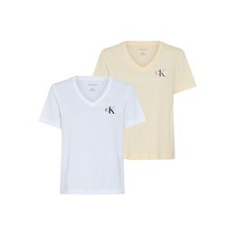 T-Shirt Calvin Klein Jeans "MONOLOGO VNK 2PACK TEE", Damen, Gr. L, vanilla custard w, wei&szlig;, Single Jersey, Obermaterial: 100% Baumwolle, klassisch normal, V-Ausschnitt, eingesetzt abgesteppte Kante, Shirts T-Shirt, Logoschriftzug