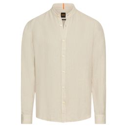 Langarmhemd BOSS Orange "Race", Herren, Gr. L, N-Gr, beige (light beige271), Web, Obermaterial: 100% Leinen, unifarben, regular fit h&uuml;ftbedeckend, Rundhals, 1-Knopf-Manschette mit Schlitz, Hemden, mit Stehkragen