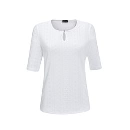 Kurzarmshirt GOLDNER "Kurzgr&ouml;&szlig;e Stretchshirt mit floralem Muster", Damen, Gr. 23, wei&szlig;, Obermaterial: 95% Polyester PES. 5% Elasthan EL., Tubular, Shirts, Mit kleinem Schlitz und sch&ouml;nem Knopf am Rundhals