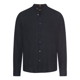 Langarmhemd BOSS Orange "Race", Herren, Gr. XXL, N-Gr, blau (dunkelblau404), Web, Obermaterial: 100% Leinen, unifarben, regular fit h&uuml;ftbedeckend, Rundhals, 1-Knopf-Manschette mit Schlitz, Hemden, mit Stehkragen