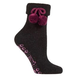 ELLE 1 Paar Damen Wolle-Mix Slipper-Socken mit Pom Pom - Warm, weich, gem&uuml;tlich, komfortabel