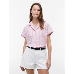 Kurzarmbluse Tommy Hilfiger "SUMMER COTTON SS SHIRT", Damen, Gr. L (42/44), liquorice stp pink, Web, Obermaterial: 98% Baumwolle, 2% Elasthan, gestreift, normal, V-Ausschnitt, Blusen, Baumwollmischung