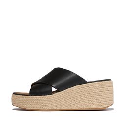Pantolette fitflop "PLATFFORMS ESPADRILLE LEATHER WEDGE CROSS SLIDES", Damen, Gr. 36, schwarz, Leder, Schuhe Pantolette, Keilabsatz, Plateau, Sommerschuh mit Wedge