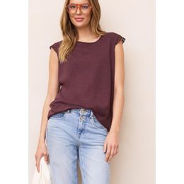 Rundhalsshirt STREET ONE STUDIO, Damen, Gr. 44, braun (very berry), Web, 50% Baumwolle, 50% Modal, unifarben, comfort fit normal, Rundhals, normaler Saum, Shirts Rundhalsshirt, mit H&auml;kel-Deko