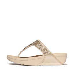 Zehentrenner fitflop "LULU CRYSTAL-MIX METALLIC TOE-POST SANDALS", Herren, Gr. 36, natur, braun, Synthetik, Glitzer, metallic, Schuhe Zehentrenner, Keilabsatz, Plateauschuh, Dianette mit mehrfarbigen Strasssteinchen