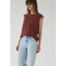 Rundhalsshirt STREET ONE STUDIO, Damen, Gr. 40, braun (mahogany braun), Web, 50% Baumwolle, 50% Modal, unifarben, comfort fit normal, Rundhals, normaler Saum, Shirts Rundhalsshirt, mit H&auml;kel-Deko