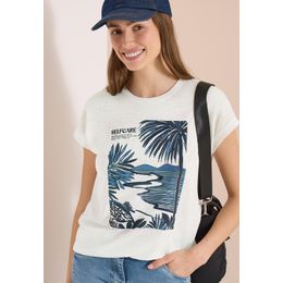 Print-Shirt Cecil, Damen, Gr. XS (36), vanillewei&szlig;, Stoff, 65% Polyester, 35% Viskose, bedruckt, comfort fit normal, Rundhals, B&uuml;ndchen, Shirts, mit Frontprint