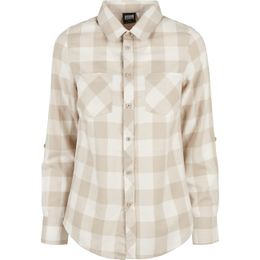 Langarmhemd Urban Classics "Urban Classics Damen Ladies Turnup Checked Flanell Shirt", Herren, Gr. L, US-Gr&ouml;&szlig;en, sandwei&szlig;, lighttaupe, 100% Baumwolle, normal, Hemden