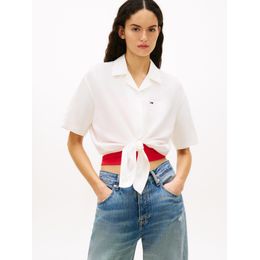 Kurzarmbluse Tommy Jeans "TJW TIE FRONT LINEN SHIRT", Damen, Gr. L (40), ecru, Web, Obermaterial: 55% Leinen, 27% Baumwolle, 18% Viskose, unifarben, l&auml;ssig geschnitten taillenbedeckt, V-Ausschnitt, abgesteppte Kante, Blusen, mit Knoten-Detail am Saum, Relaxed Fit