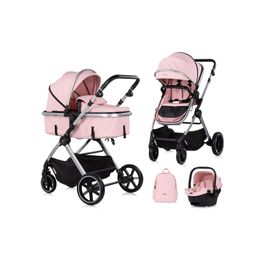 Chipolino Kombikinderwagen Pearl 3 in 1 umbaubar Babyschale Wickeltasche Fu&szlig;sack rosa