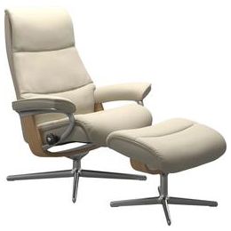 Relaxsessel stressless "View", beige (cream batick), B:82cm H:109cm T:81cm, Leder BATICK: BATICK ist ein leicht korrigiertes, durchgef&auml;rbtes und genarbtes M&ouml;belleder, bei dem die meisten Unebenheiten und Spuren in der Regel entfernt wurden., Sessel, Relaxsessel, mit Hocker, mit Cross Base, Gr&ouml;&szlig;e S, M & L, Holzakzent Eiche