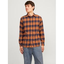 Jack & Jones Langarmhemd JACK & JONES "JJJOSHUA FALL BUFFALO SHIRT LS", Herren, Gr. M, N-Gr, braun (mocha bisque), Web, Obermaterial: 60% Baumwolle, 40% Polyester, kariert, slim fit, 2-Knopf-Manschette, Hemden