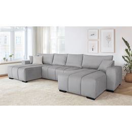 Wohnlandschaft Home Affaire "Bello U-Form, B: 347 cm", hellgrau, B:347cm, 100% Polyester, Sofas, Wohnlandschaft, Bettfunktion, Bettkasten & 2 Zierkissen, Federkern
