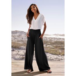 Leinenhose French Connection, Damen, Gr. 32/34, N-Gr, schwarz, Web, Obermaterial: 80% Viskose, 20% Leinen, unifarben, Basic, figurumspielend lang, Hosen, mit gerafftem Bund, weite Palazzohose f&uuml;r den Sommer