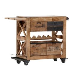 CARRYHOME Barwagen, Braun, Schwarz, Holz, Metall, Mangoholz, massiv, 3 Schublade(n) Schubladen, 97x85x43 cm, Flaschenfach, ausziehbar, Esszimmer, Barm&ouml;bel, Barwagen