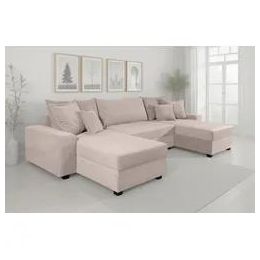 Wohnlandschaft OTTO HOME "Alexa U-Form, B: 313 cm", beige, B:313cm H:42cm T:161cm, 100%Polyester, Sofas, Wohnlandschaft, Bettfunktion, Bettkasten & 4 Zierkissen, Federkern