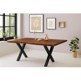 Baumkantentisch CALI 280 / Akazie nussbaumfarben / 280x100 / X-Gestell Schwarz