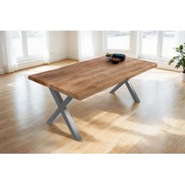 Baumkantentisch CALI Mango 180 / roughfarben / 180x90 / X-Gestell Silber