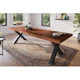 Baumkantentisch ATLAS 280 / Akazie nussbaumfarben / 280x100 / X-Gestell Schwarz