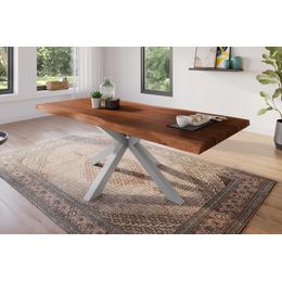 Baumkantentisch ATLAS 220 / Akazie nussbaumfarben / 220x100 / Spider-Gestell Silber