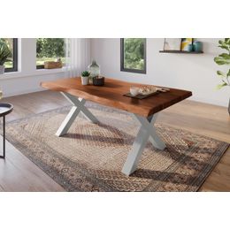 Baumkantentisch ATLAS 160 / Akazie nussbaumfarben / 160x85 / X-Gestell Silber