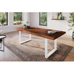 Baumkantentisch ATLAS 200 / Akazie nussbaumfarben / 200x100 / U-Gestell Wei&szlig;