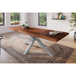 Baumkantentisch ATLAS 260 / Akazie nussbaumfarben / 260x100 / Spider-Gestell Silber