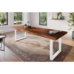 Baumkantentisch ATLAS / Akazie nussbaumfarben / 240x100 / U-Gestell Wei&szlig;