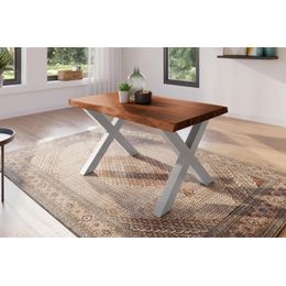 Baumkantentisch ATLAS 120 / Akazie nussbaumfarben / 120x80 / X-Gestell Silber