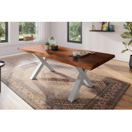 Baumkantentisch ATLAS / Akazie nussbaumfarben / 240x100 / X-Gestell Silber