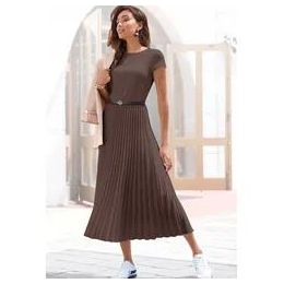 Midikleid Lascana, Damen, Gr. 34, N-Gr, braun, Web, Obermaterial: 100% Polyester. Obermaterial 2: 100% Polyester, unifarben, figurumspielend Midi, Rundhals, Kleider Midikleid, mit Plisseerockteil, elegantes Basic, modisch