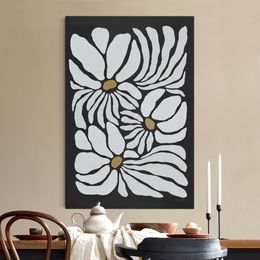 Akustikbild Wei&szlig;e Matisse Bl&uuml;ten auf Schwarz